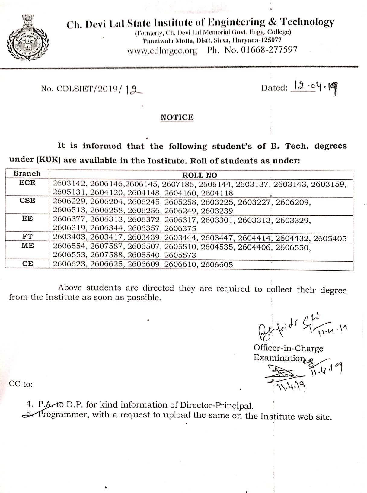 Notice Regarding B.Tech degree under KUK. | Ch. Devi Lal State ...