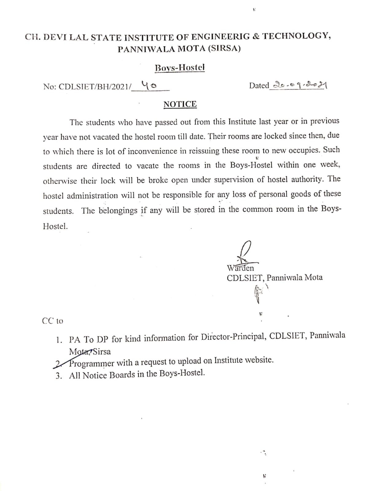 Notice for Boys Hostel | Ch. Devi Lal State Institute of Engineering ...