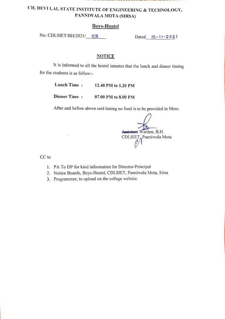 Notice Regarding New Lunch & Dinner time in Boys Hostel. | Ch. Devi Lal ...