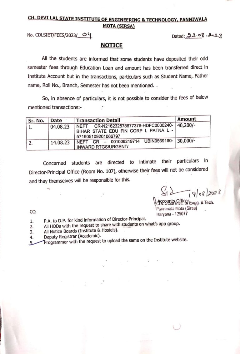 Notice for Students | Ch. Devi Lal State Institute of Engineering ...